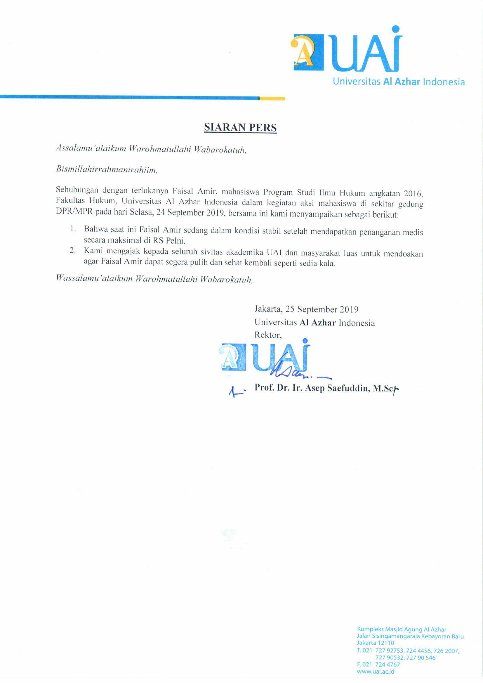 Siaran Pers - Universitas Al Azhar Indonesia